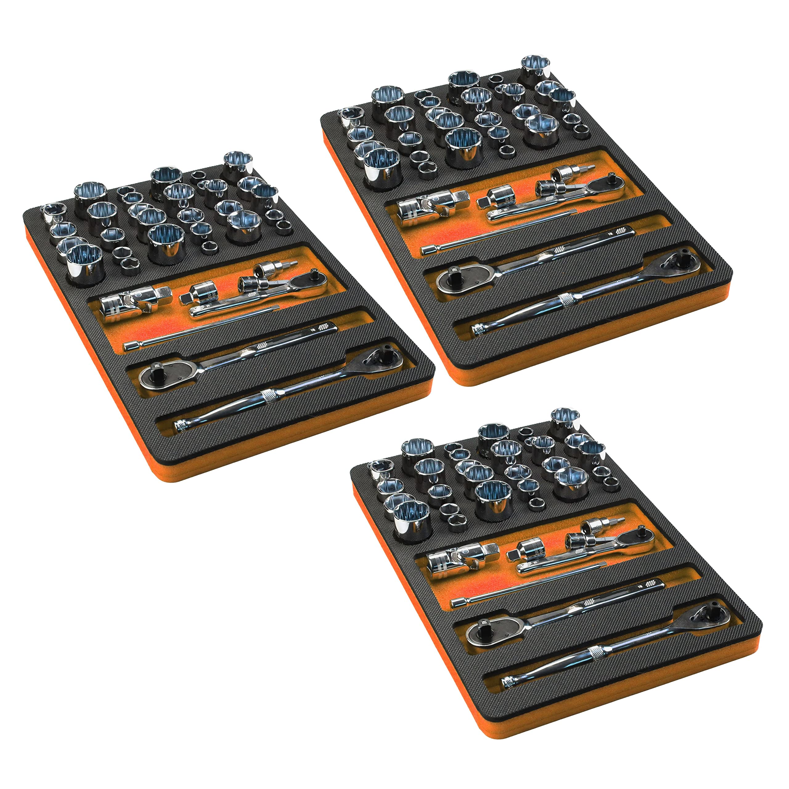 Polar Whale Tool Drawer Organizer 3-Piece Socket Insert Set Orange and Black Durable Foam Holds Many Tools 15 x 10 Inch Trays Fits Craftsman Husky Kobalt Milwaukee Many Others