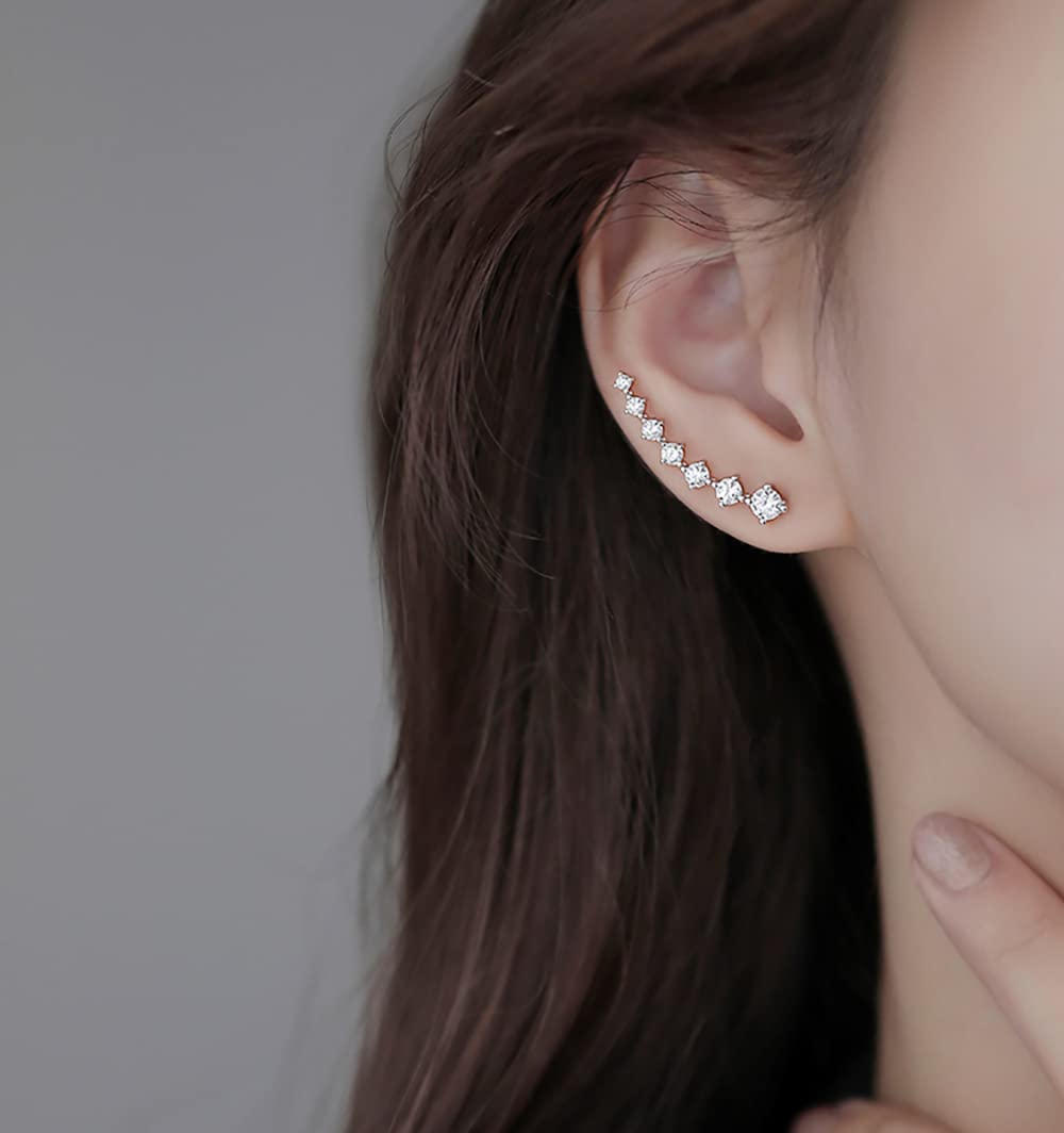 Reffeer 925 Sterling Silver 7 Crystals Ear Cuffs Earrings Climber Wraps for Women Crawler Earrings (A-Silver)