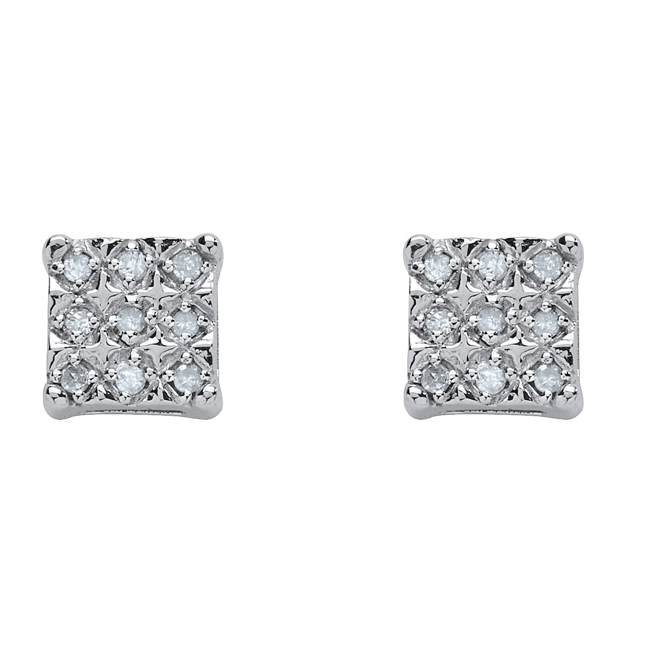 PalmBeach Platinum-Plated Sterling Silver Round Genuine Diamond Square Cluster Stud Earrings (1/7 cttw, I Color, I3 Clarity)