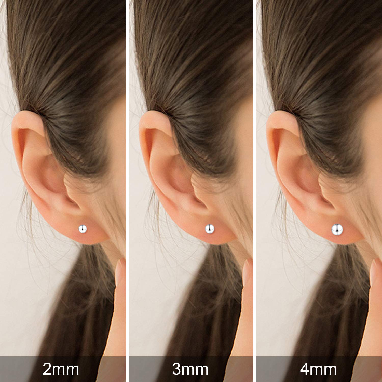 Sterling Silver Ball Stud Earrings Set of 3 Pairs 2mm 3mm 4mm Tiny Balls Earring Hypoallergenic Jewelry (Silver)