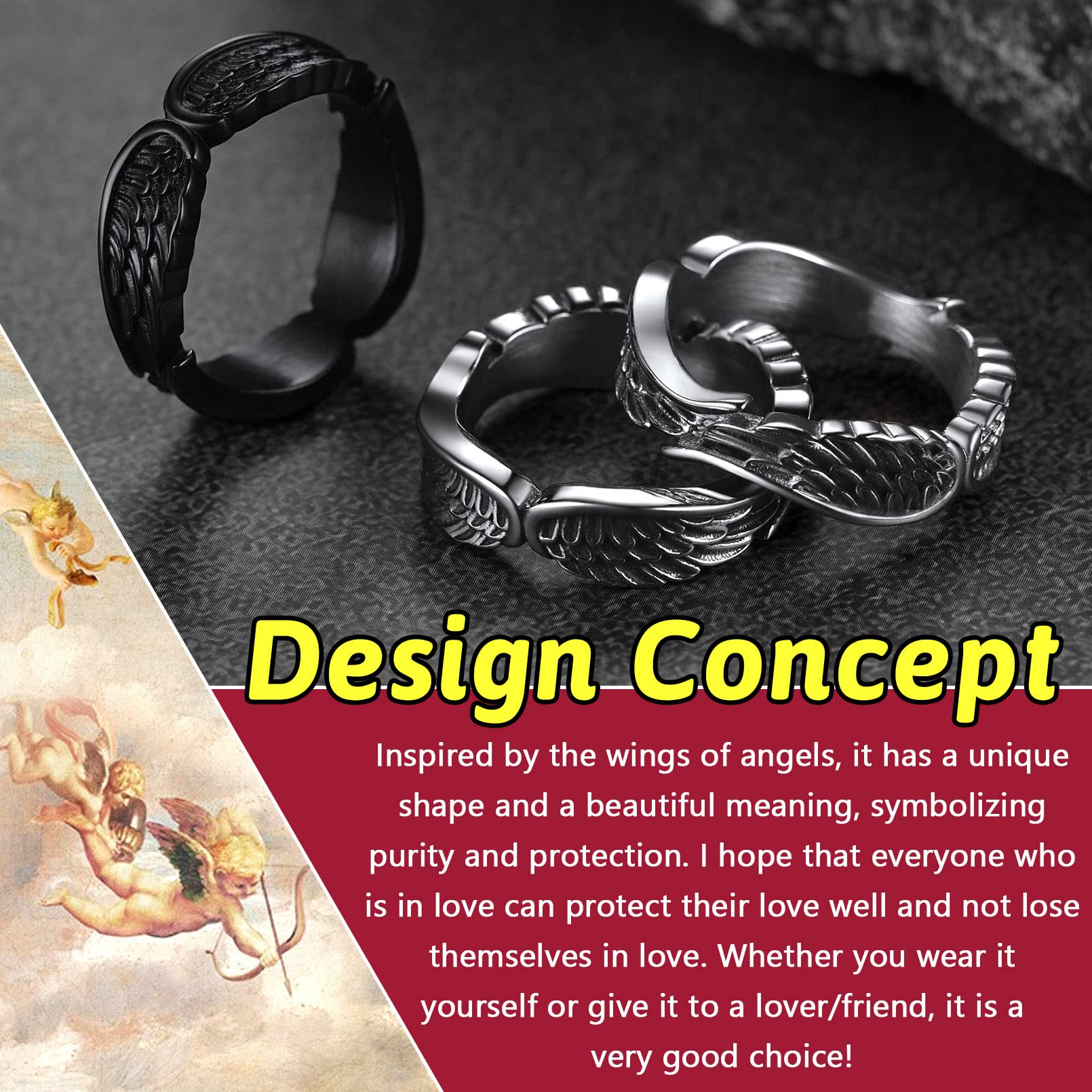 Women Wing Rings Stainless Steel Protective Angel Feather Wings Thumb Ring for Male Dad Birthday Gift