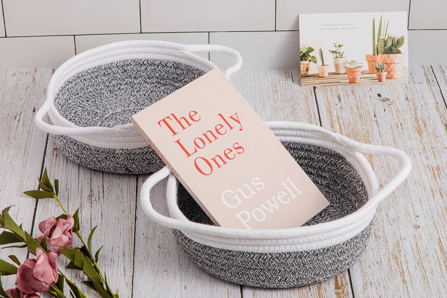 Polarduck Cotton Rope Basket Woven Small: Cute Size 9.8"x8.2"x2.6" with Handles as Home Decor Desk Organizer Room Storage - Perfect for Toy Key Fruit Candy Gift | 2-Pack Grey