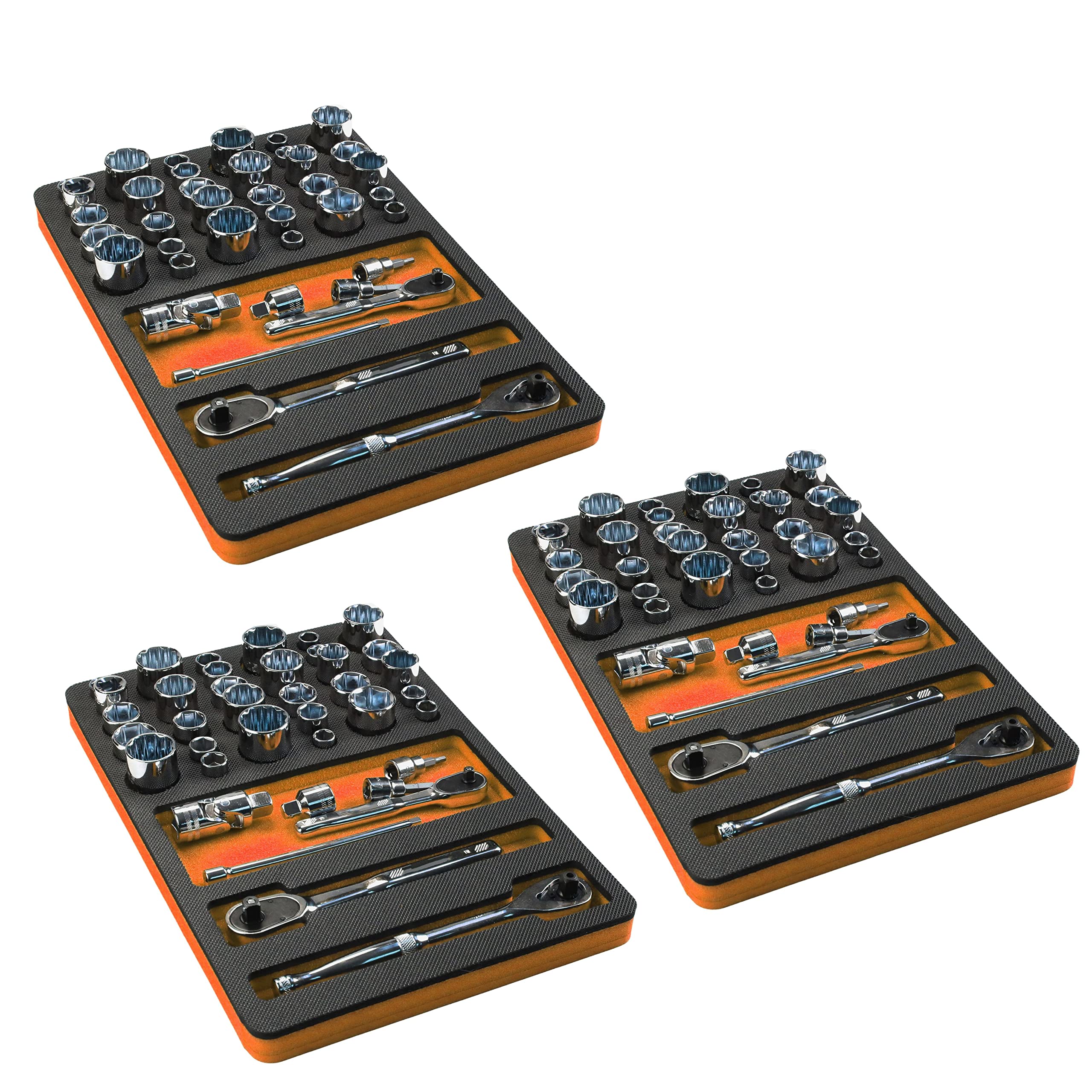 Polar Whale Tool Drawer Organizer 3-Piece Socket Insert Set Orange and Black Durable Foam Holds Many Tools 15 x 10 Inch Trays Fits Craftsman Husky Kobalt Milwaukee Many Others