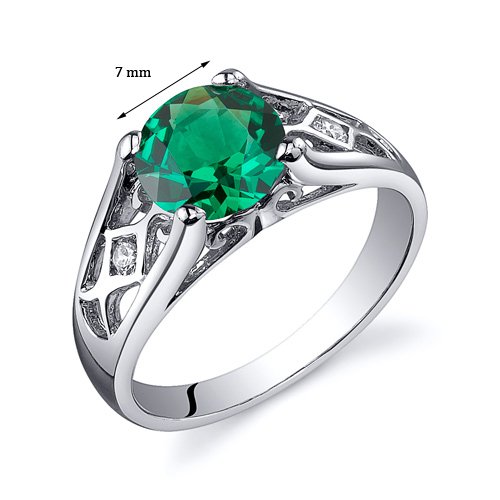 PEORA Simulated Emerald Cathedral Solitaire Ring for Women 925 Sterling Silver, 1.25 Carats Round Shape 7mm, Size 8