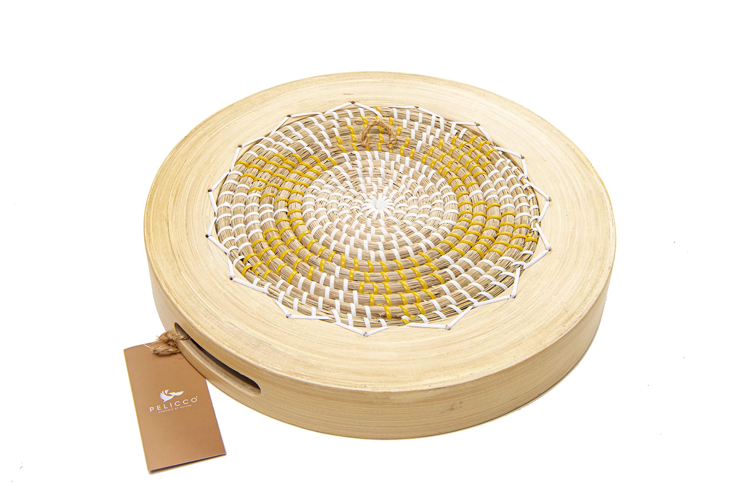 Round seagrass woven tray with handles, bamboo and seagrass tray, handmade decorative tray for table counter piece, coffee table and breakfast tray, wicker fruit basket, , hanging wall basket(14 inch)