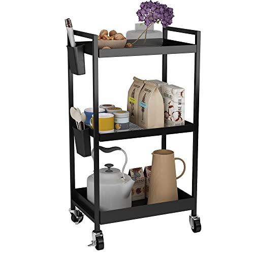 STEEHOOM 3 Tier Utility Rolling Cart, Metal Rolling Storage Cart with Locking Wheels Kitchen Cart with 2 Small Hanging Cups for Bathroom, Office, Balcony, Library, Living Room (Black)