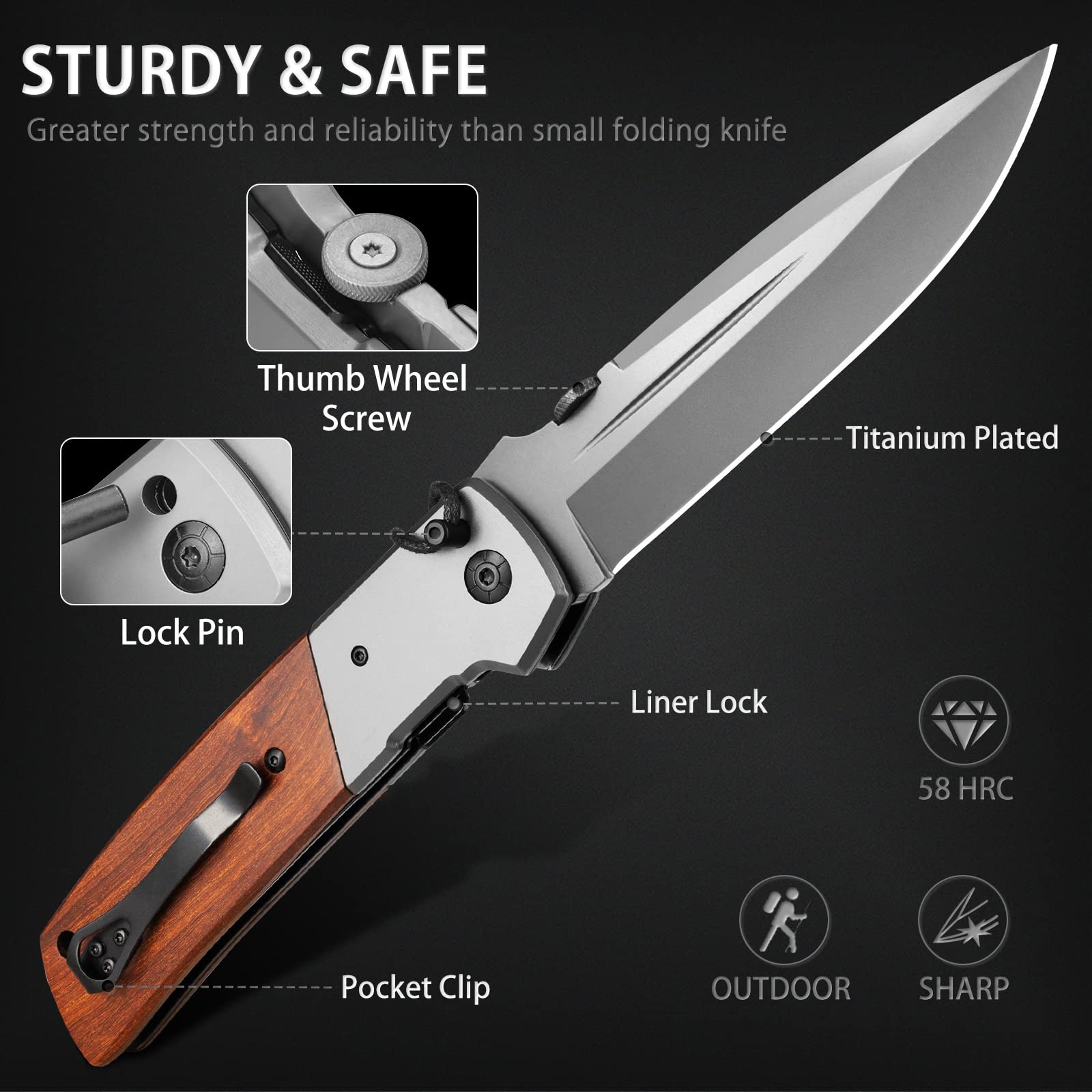 NedFoss DA52 Pocket Knife for Men, 5'' Large Folding Knife, 11'' Survival Knife with Rosewood Handle, Safety Pin, Pocket Clip, Liner Lock