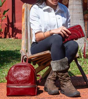 Santiago Sebastian Leathers Womens Crossbody Backpack Purse, Leather, Shoulder bag, Casual, Satchel, Handtooled, Embossed, Red
