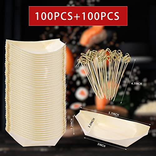 WATHFKCU 5.7 Inch Disposable Bamboo Wooden Sushi Boat Plate Bamboo Appetizer Plates Dishes Sushi Serving Tray Wooden Leaf Boat with 100Pcs Bamboo Picks (5.7inch)
