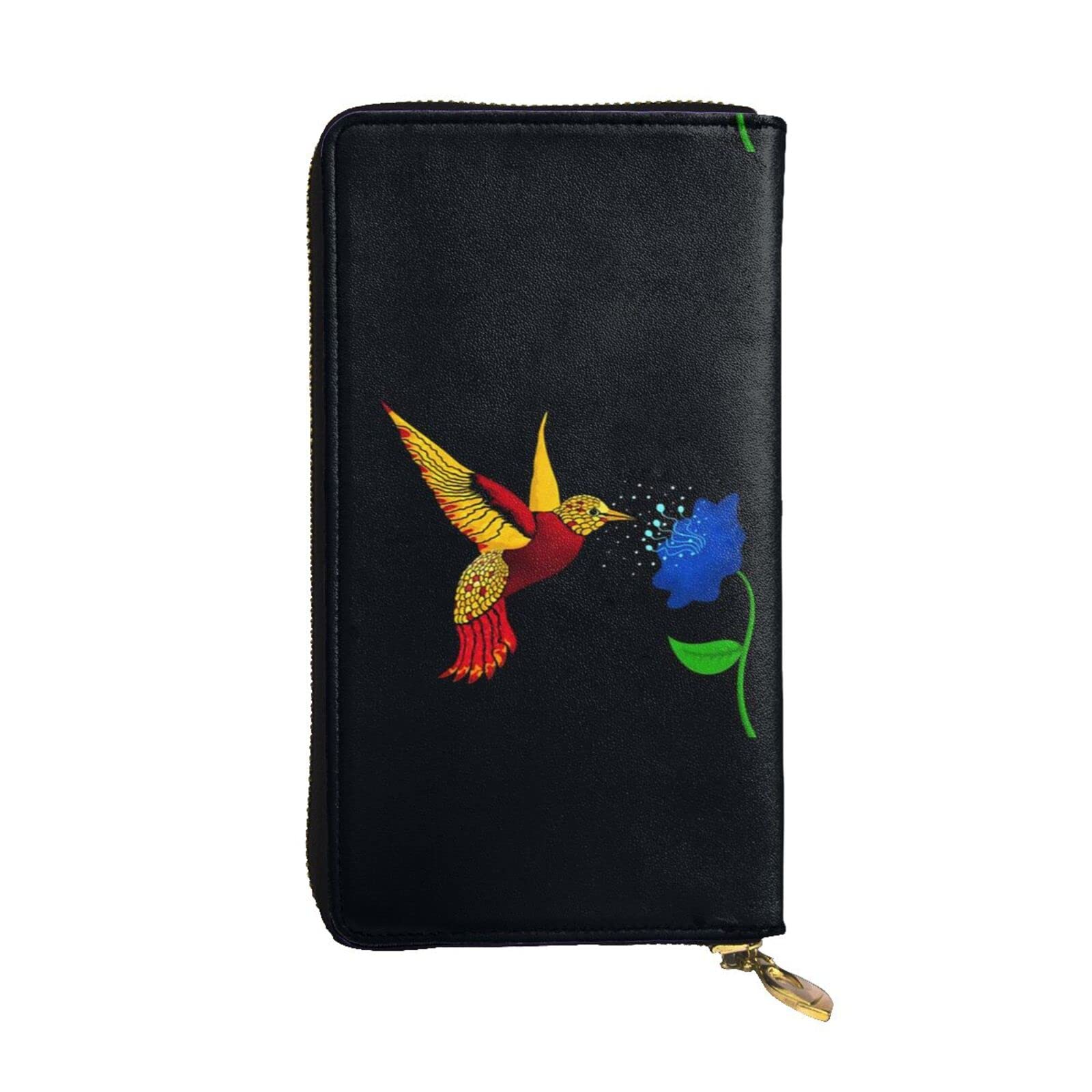 Women Zip Around Long Wallet Hummingbird Black Printed Credit Card Holder Wallet