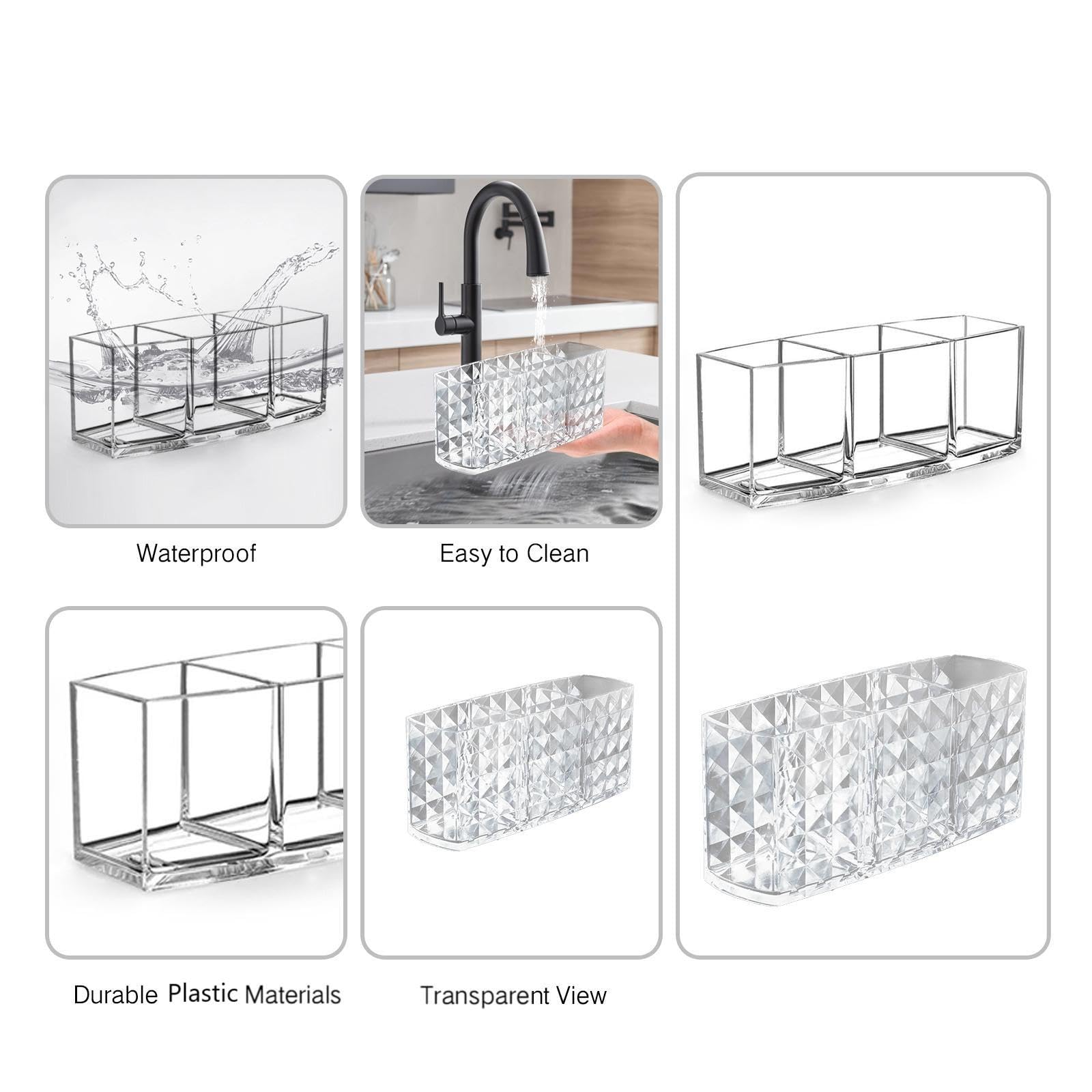 POPGIO 2 Packs Utensil Holder Organizer Countertop Counter Cutlery Flatware Storage Caddy for Kitchen 3 Divided Section 6 Slots Plastic Clear