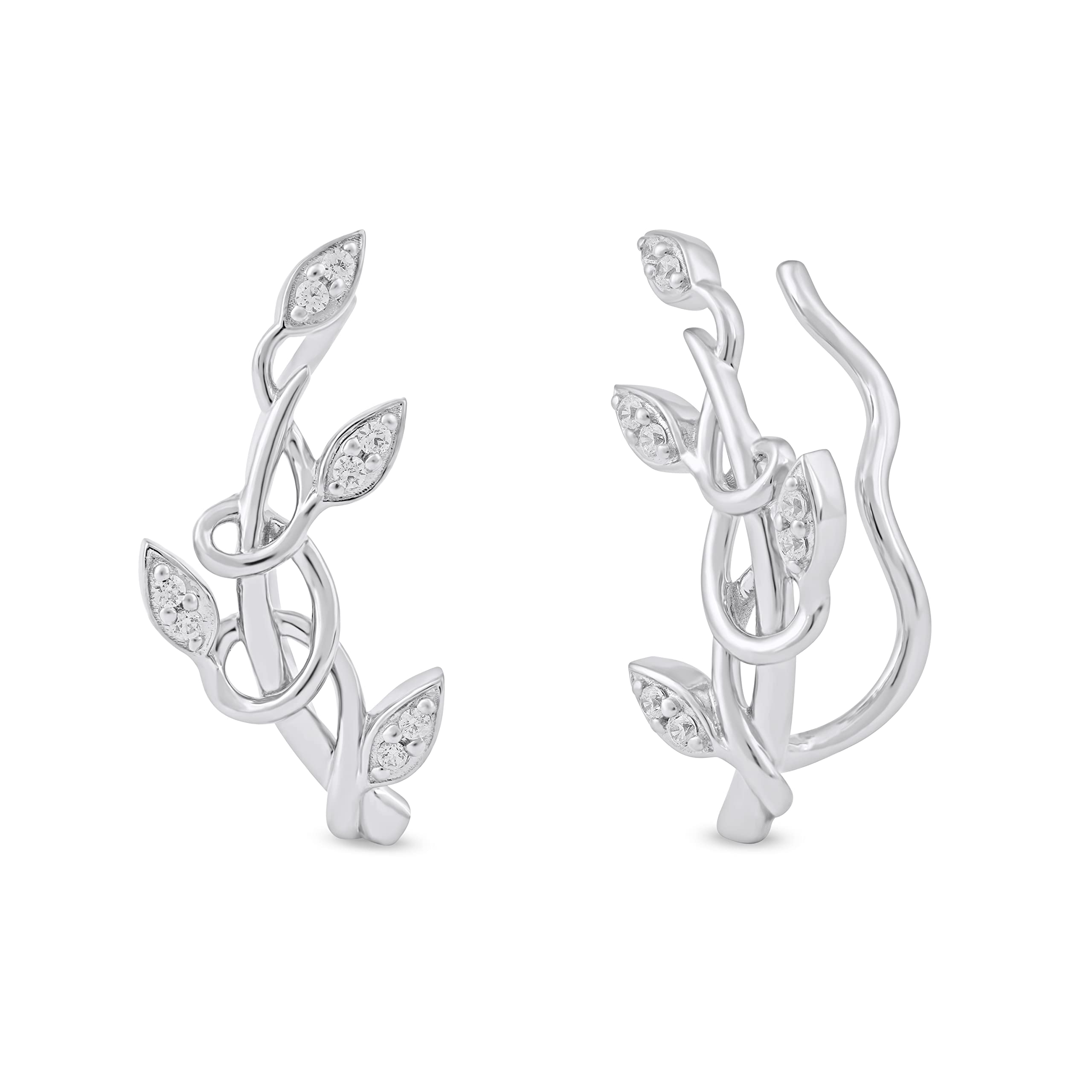 Sterling Silver 1/6ct.TDW Diamond Leaf Climber Fashion Earrings for Women(I-J, I2)