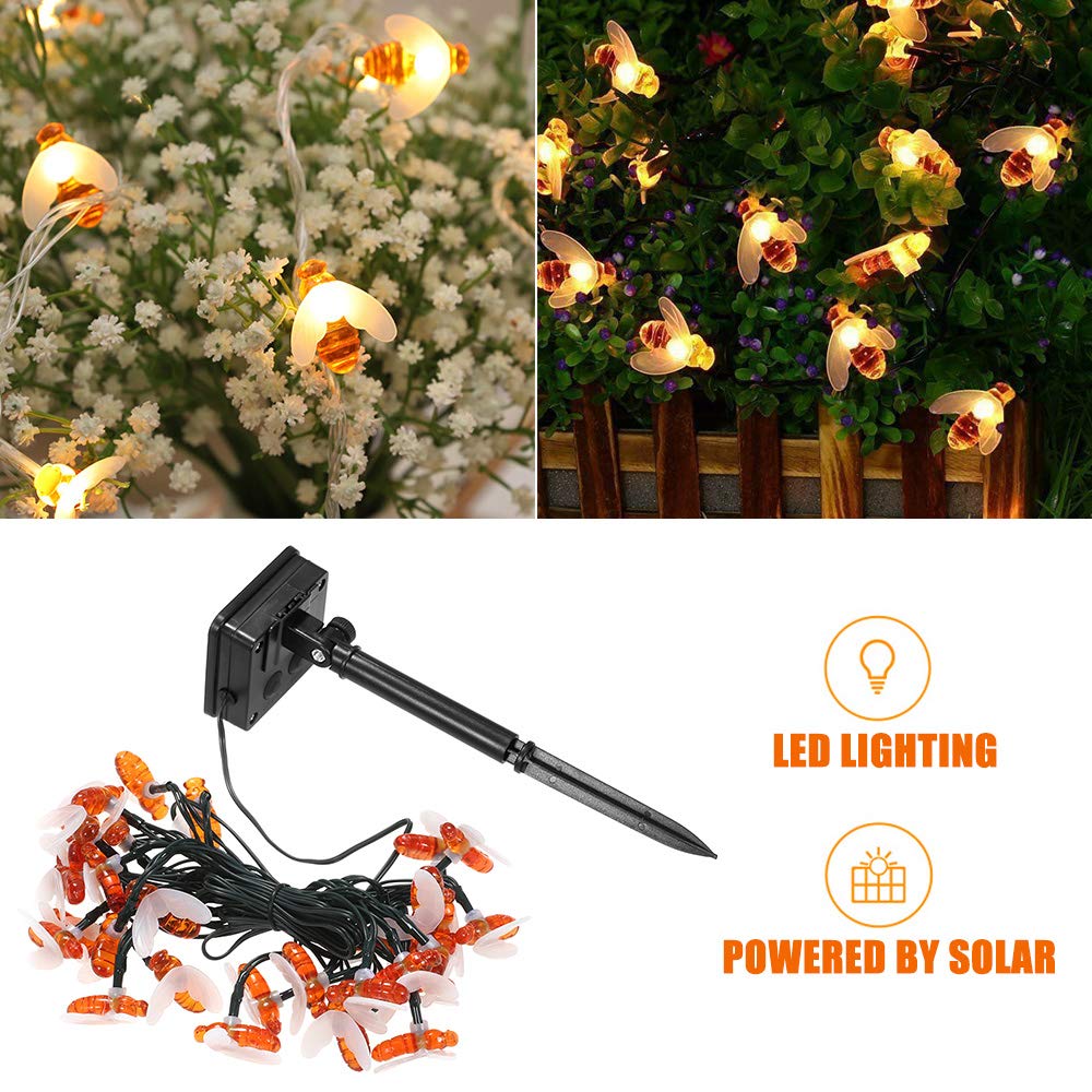 Solar String Lights 19.7ft 30 LED Rope Light Cute Bees 8 Modes Warm White for Party Garden Home Festival Decoration