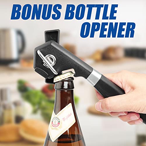 PrinChef Safety Can Opener Smooth Edge, Built-in Bottle Opener | Rust Proof Can Opener Manual, with Sharp Blade| Handheld Can Openers Heavy Duty, Side Cut Design, Easy and Safe to Use, Black