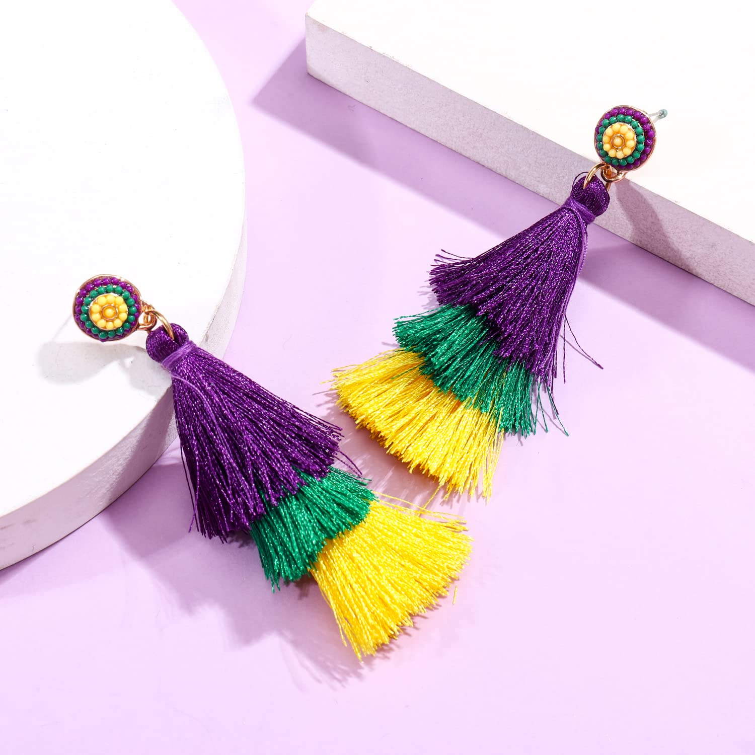 VOGUEKNOCK Mardi Gras Earrings Beaded Ear Stud Tiered Tassel Drop Earrings Mardi Gras Costume Party Jewelry Accessories (Mardi Gras)