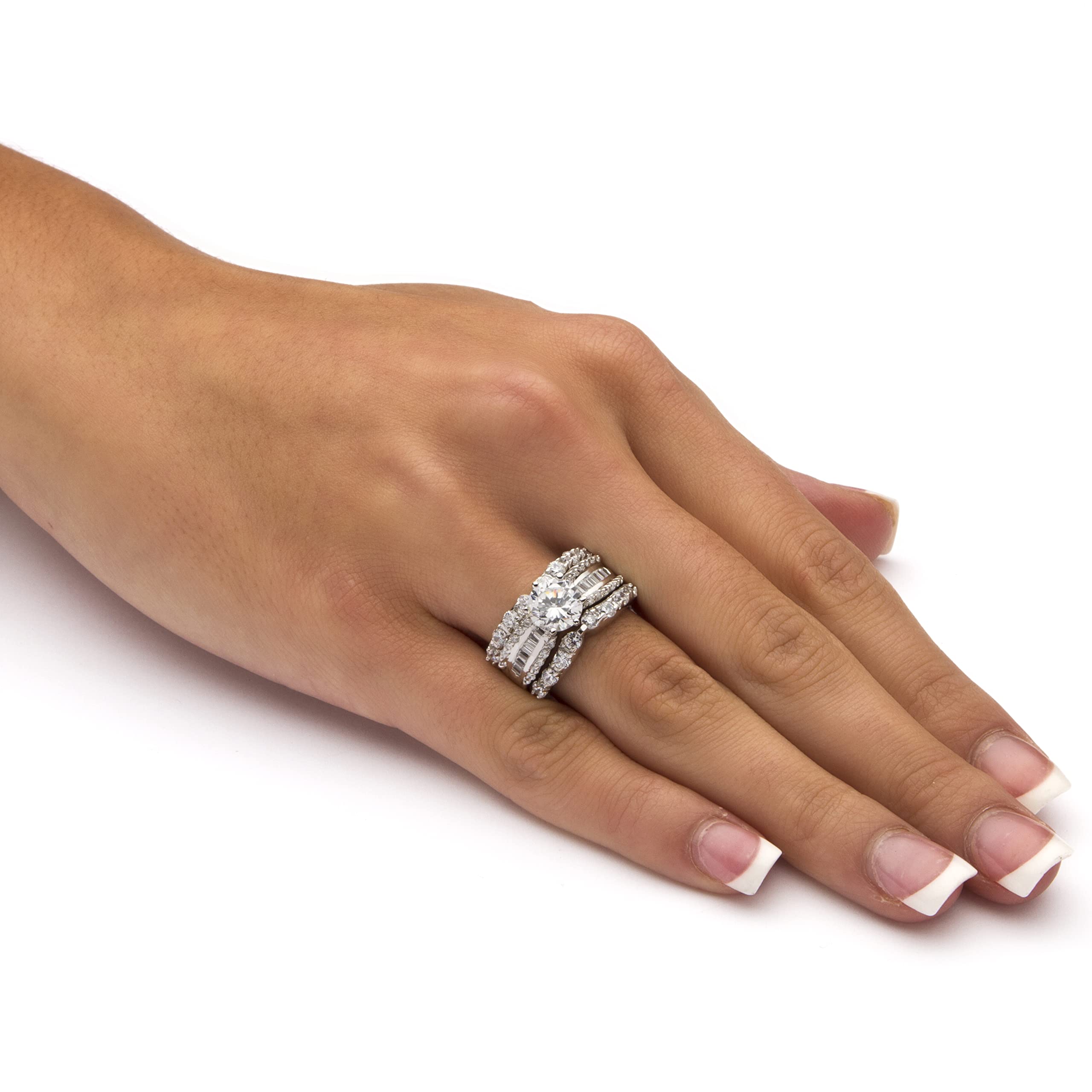 PalmBeach Yellow or Rose Gold or Platinum-Plated .925 Sterling Silver Round Cubic Zirconia 3 Piece Bridal Ring Set Size 7