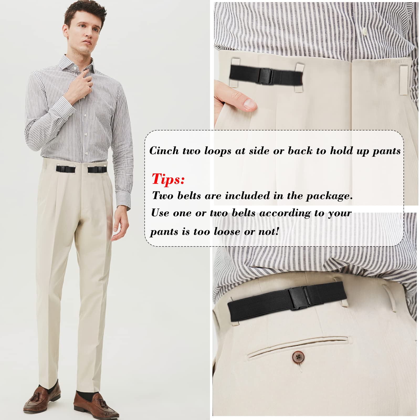 WERFORU 2 Pack Men 2 Loop No Show Elastic Invisible Belt for Women Jeans Pants Unisex Stretch Belt with Metal Free Flat Buckle,Fits 1.5 Inch Belt Loops, Black+Black,Fits 2 loop distance 3"-6"