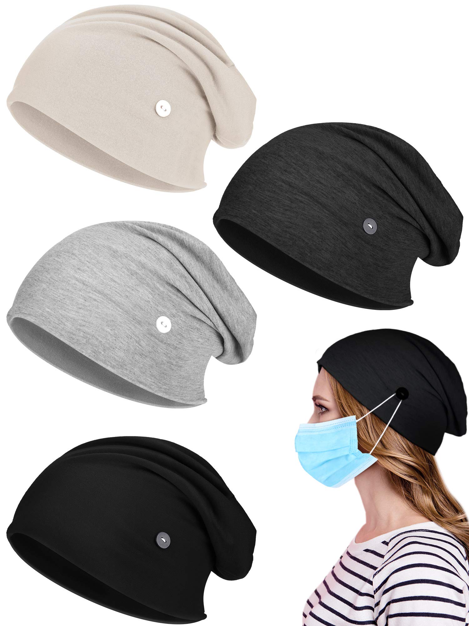 SATINIOR 4 Pieces Slouchy Beanie Caps with Buttons Bouffant Cap Elastic Sleeping Hats Button Headwrap (Black, Dark Grey, Grey, Beige)