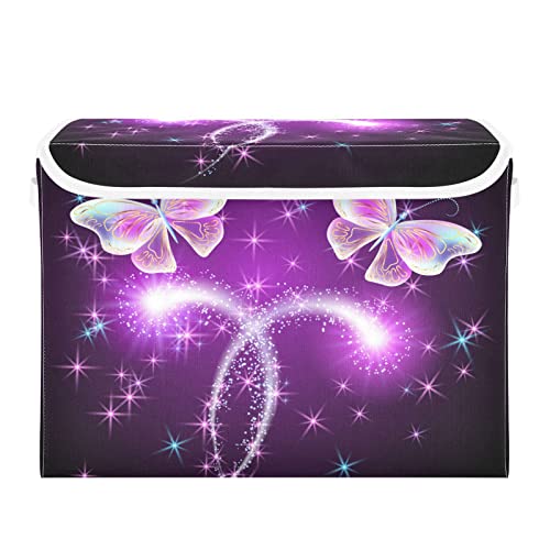 RunningBear Butterflies Firework Star Large Storage Bins with Lid Collapsible Storage Bin Nursery Baskets Foldable Fabric Cube for Closet Shelf Car