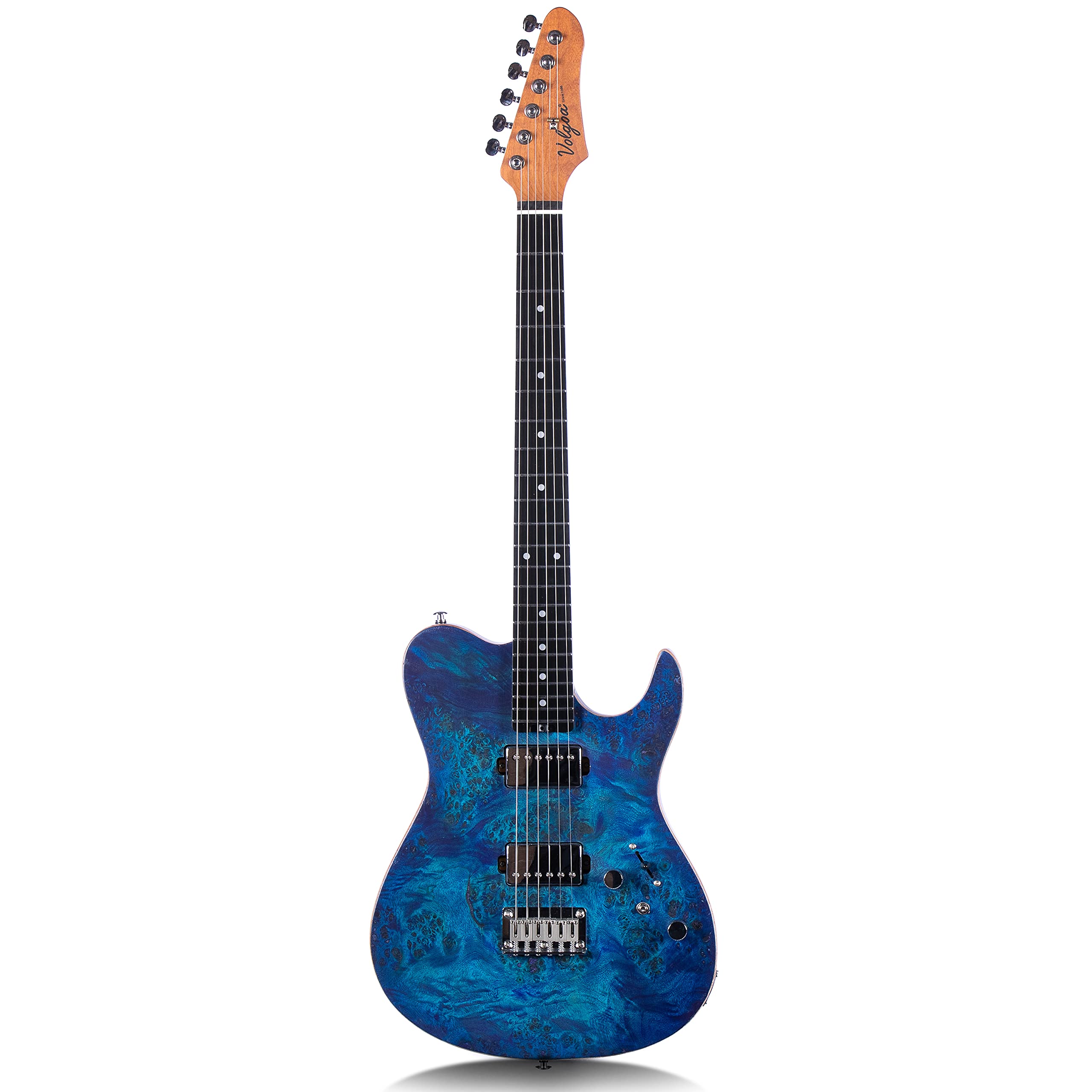 Volgoa VTL-2 Solid Body 6 String Electric Guitar, Roasted Maple Neck, Mahogany Body, Matte Burl Figure Veneer, and Coil Splitting Pickup (Blue)