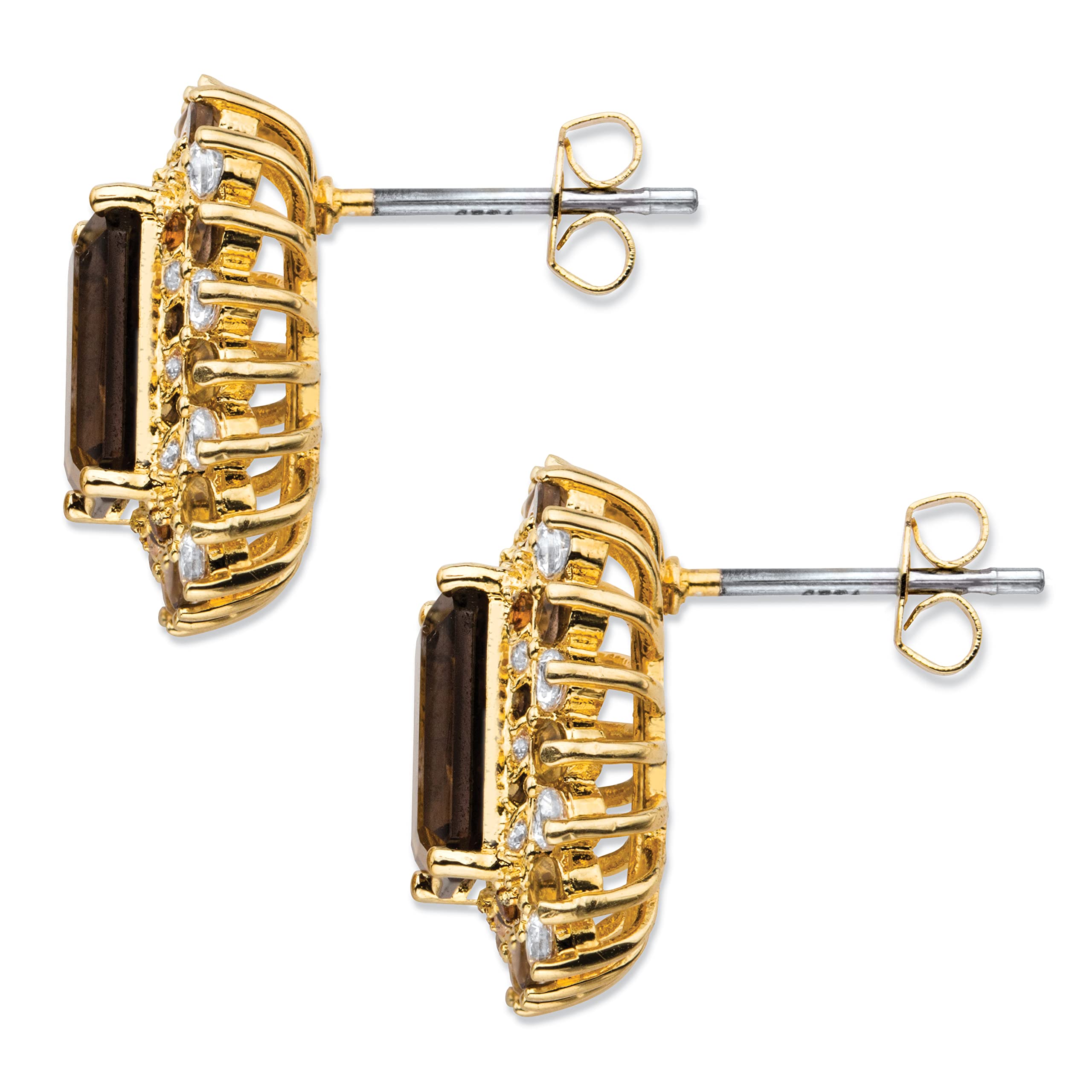 PalmBeach Yellow Gold-plated Emerald Cut Genuine Smoky Topaz Button Earrings (18x16mm)