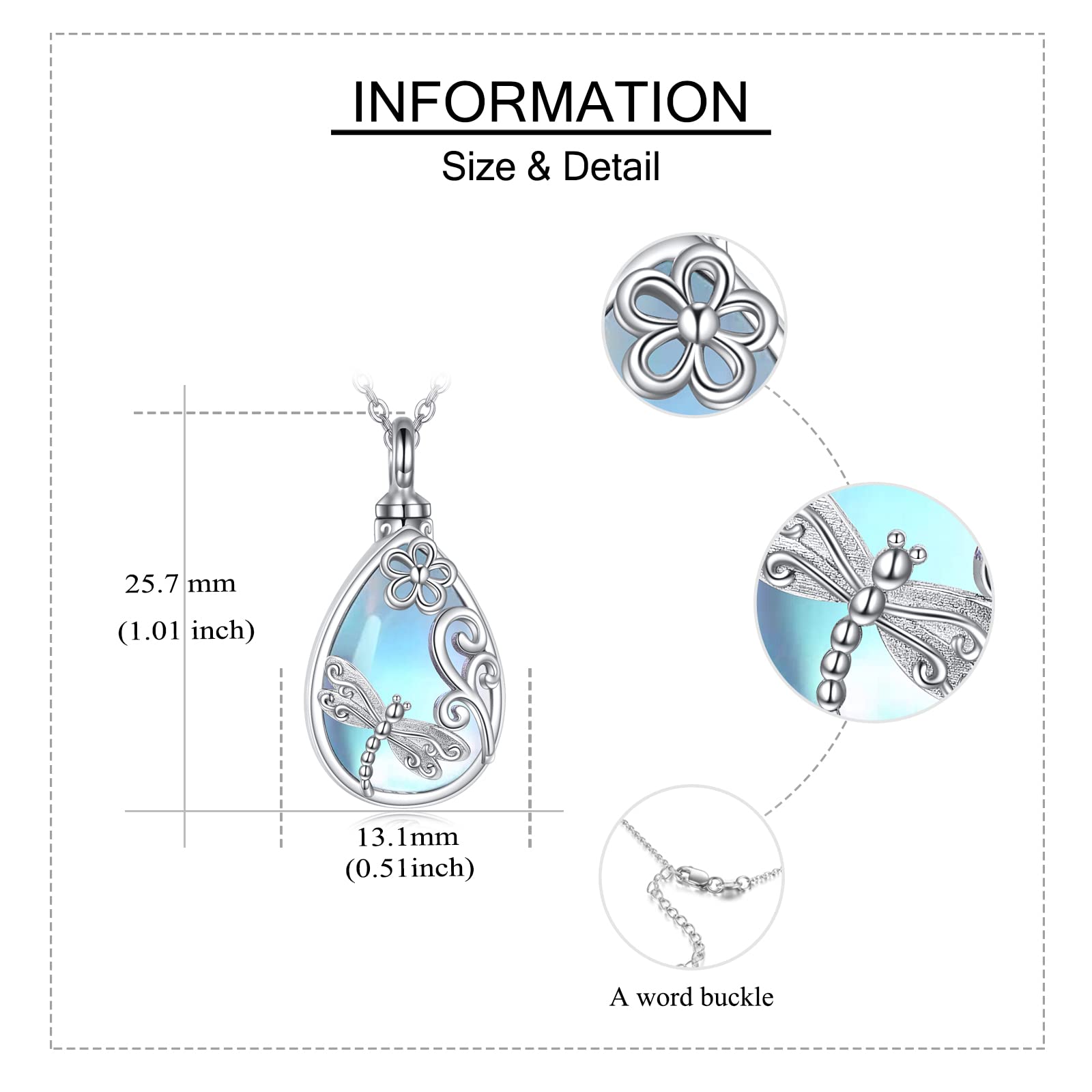 ONEFINITY Dragonfly Moonstone Urn Necklace for Ashes 925 Sterling Silver Teardrop Moonstone Dragonfly Pendant Cremation Keepsake Necklace for Women Jewelry