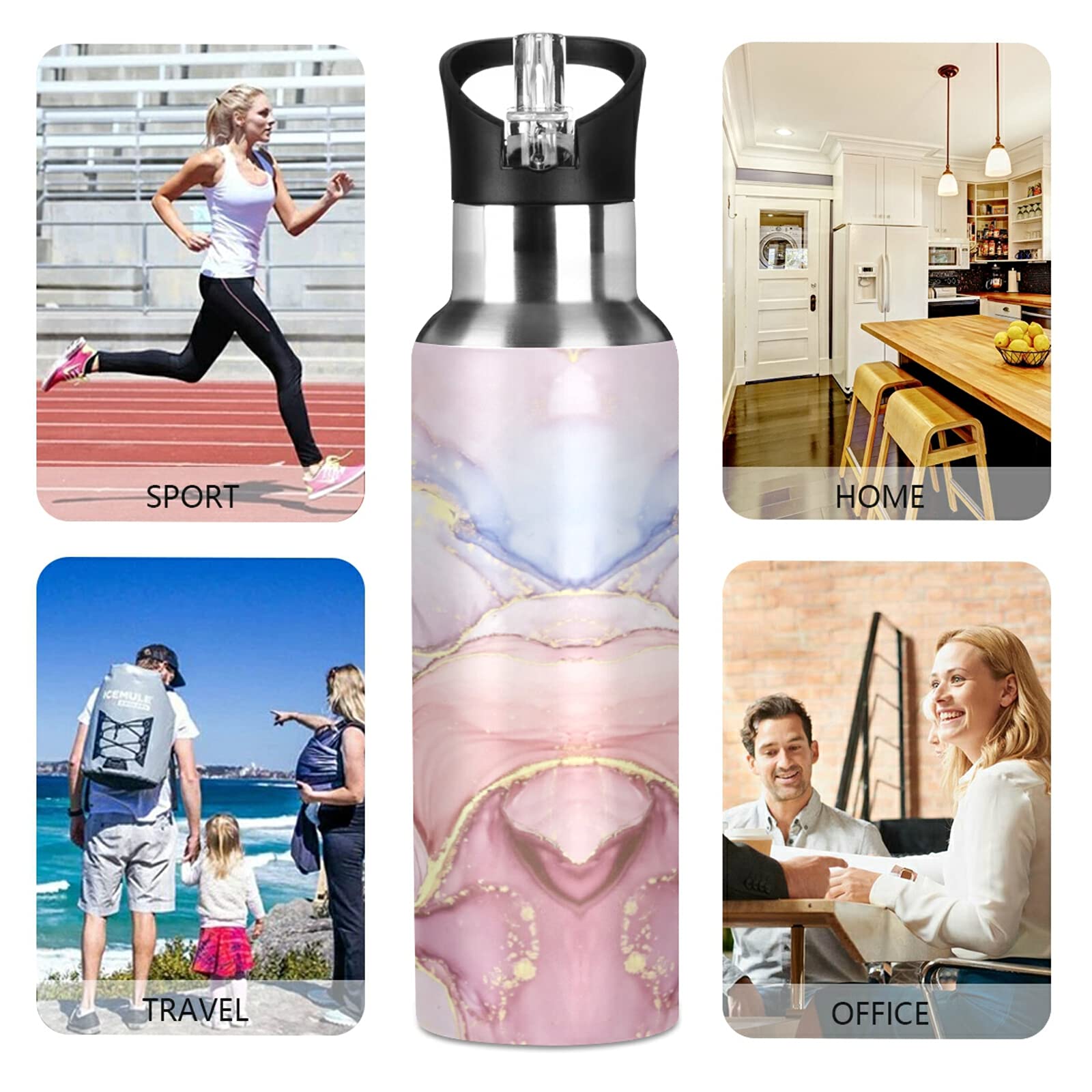 xigua 22oz Insulated Water Bottle Abstract Marble Pink Gold Stainless Steel Vacuum Cup with Straw Lid Leakproof Thermal Bottles for Sport Keep Cold/Warm