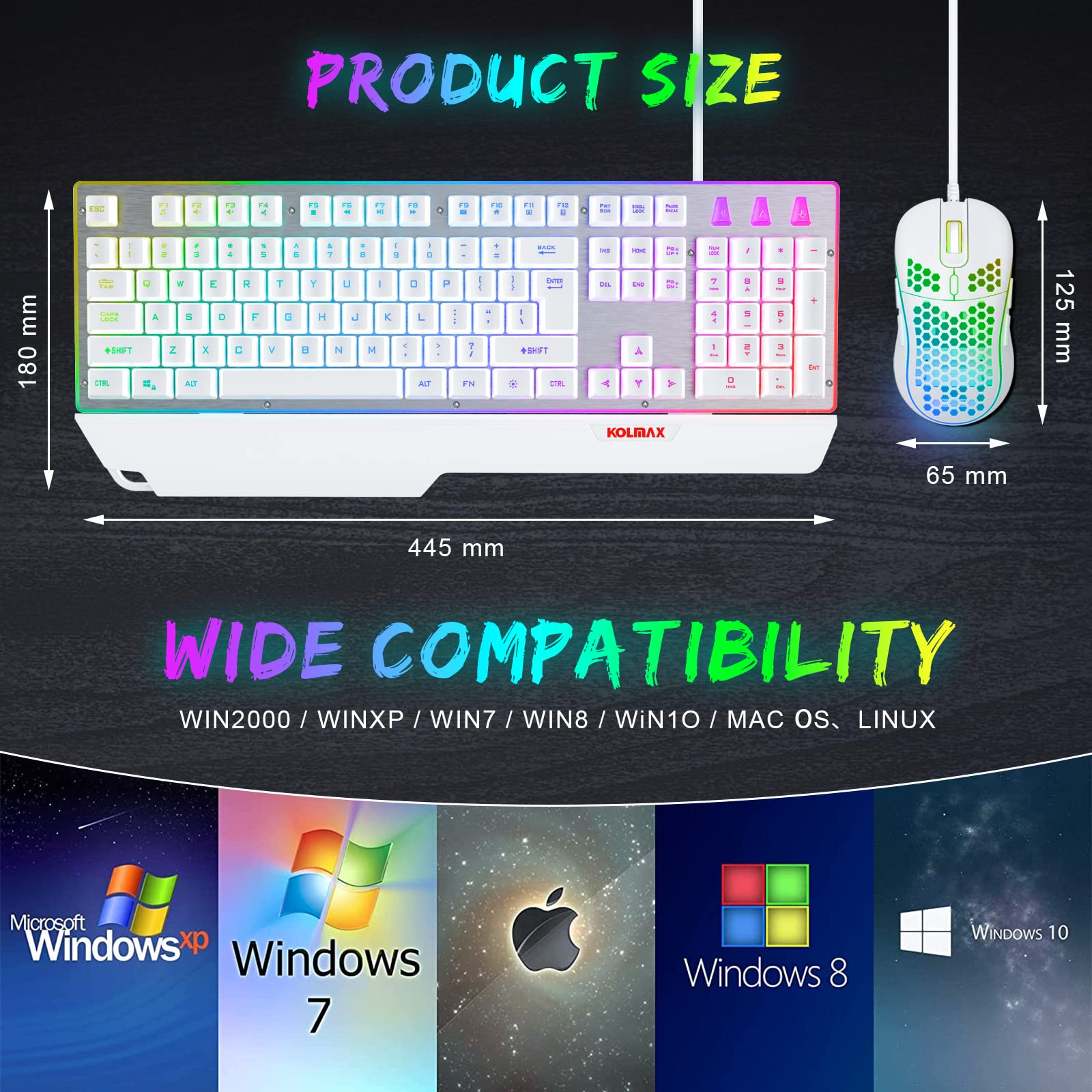 White Gaming Keyboard Colorful Rainbow Backlit Keyboard with Ergonomic Detachable Wrist Rest,Transparent Aluminum Panel Keyboard with Mechanical Feeling 104 Keys for PC PS4 Xbox Mac Office/Gaming
