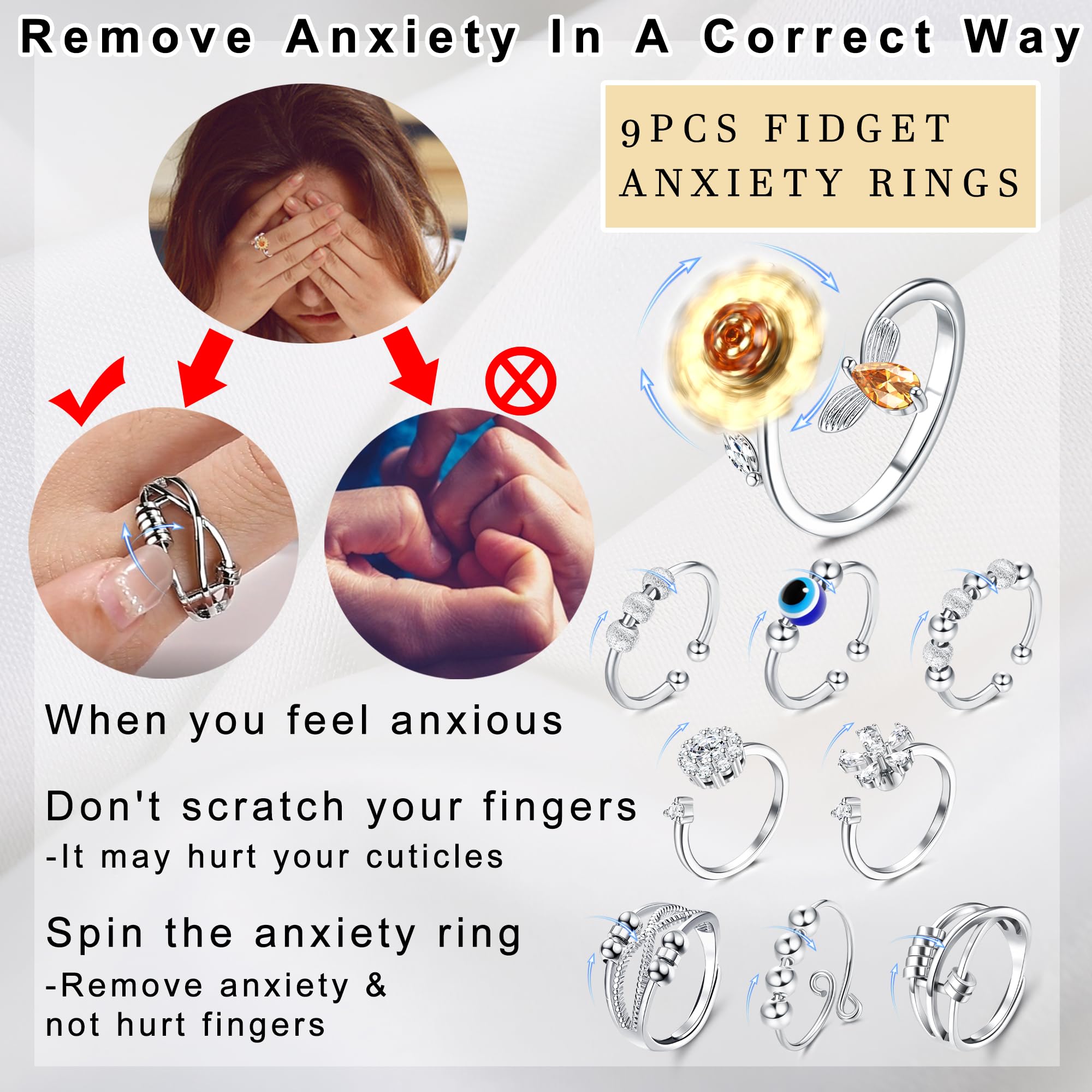 VALDEAS 9Pcs Fidget Anxiety Rings for Women Adjustable Spinner Rings Fidget Rings for Anxiety