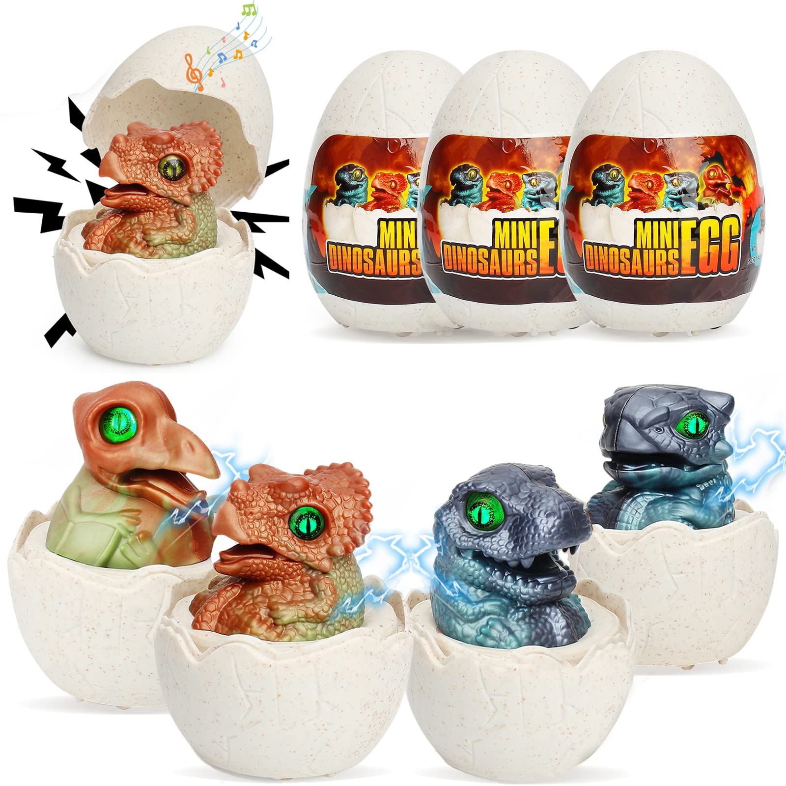 zinat Dinosaur Easter Eggs, 4 Eggs with Dinosaurs Inside, Basket Stuffers, Sound and Light Function - Best Birthday Party Gifts Toys for Kids 3 5 6 7 Year Old