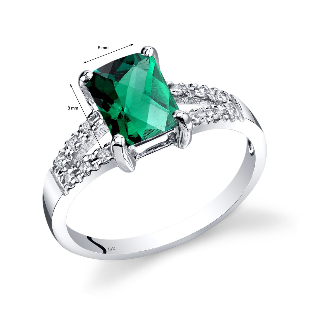 PEORA Created Emerald and Genuine Diamond Venetian Ring for Women 14K White Gold, 1.25 Carats Radiant Cut 8x6mm, Size 7