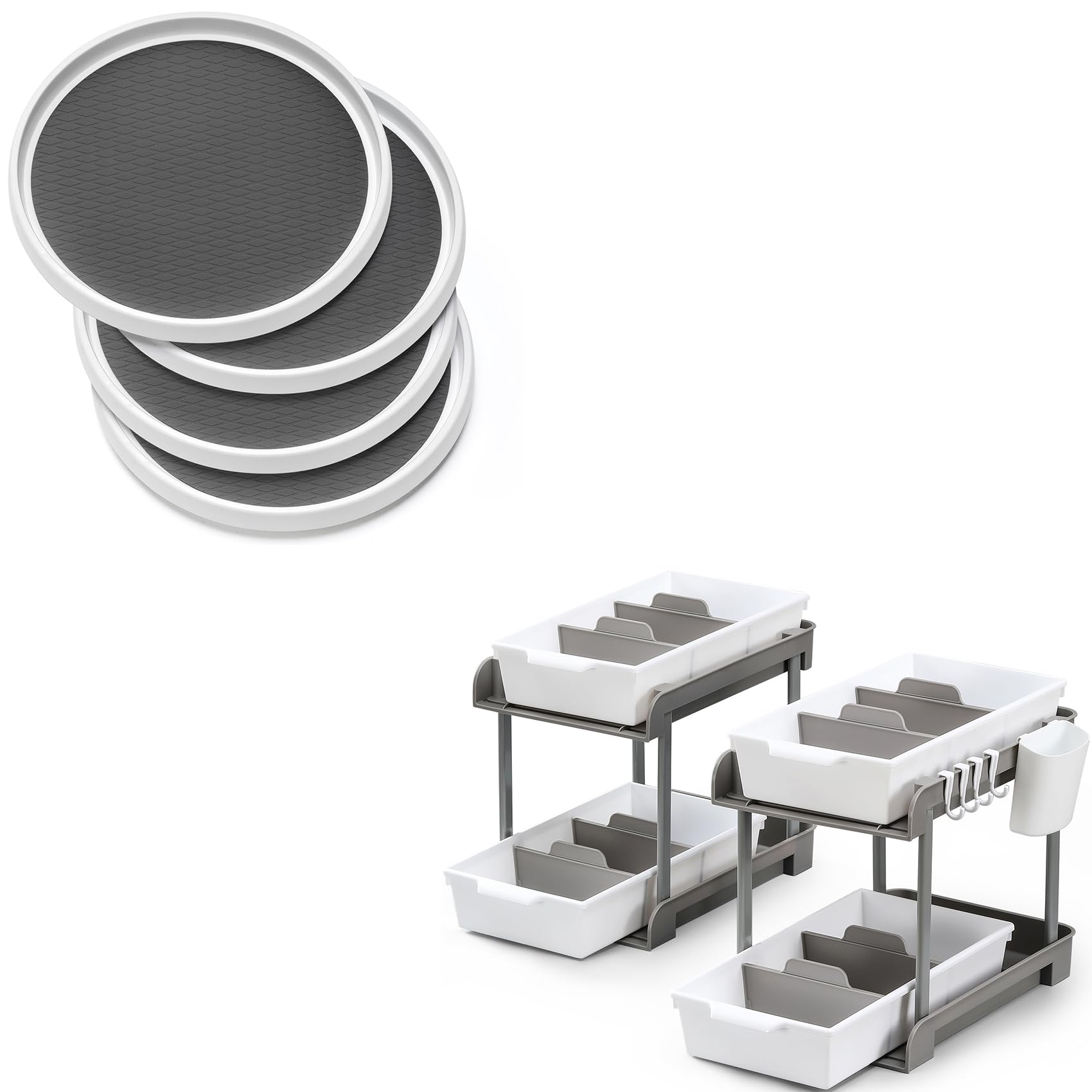 Set of 4, 10 Inch Non-Skid Lazy Susan Organizers & 2 Set, 2 Tier Pull-Out Under Sink Organizer and Storage with Dividers
