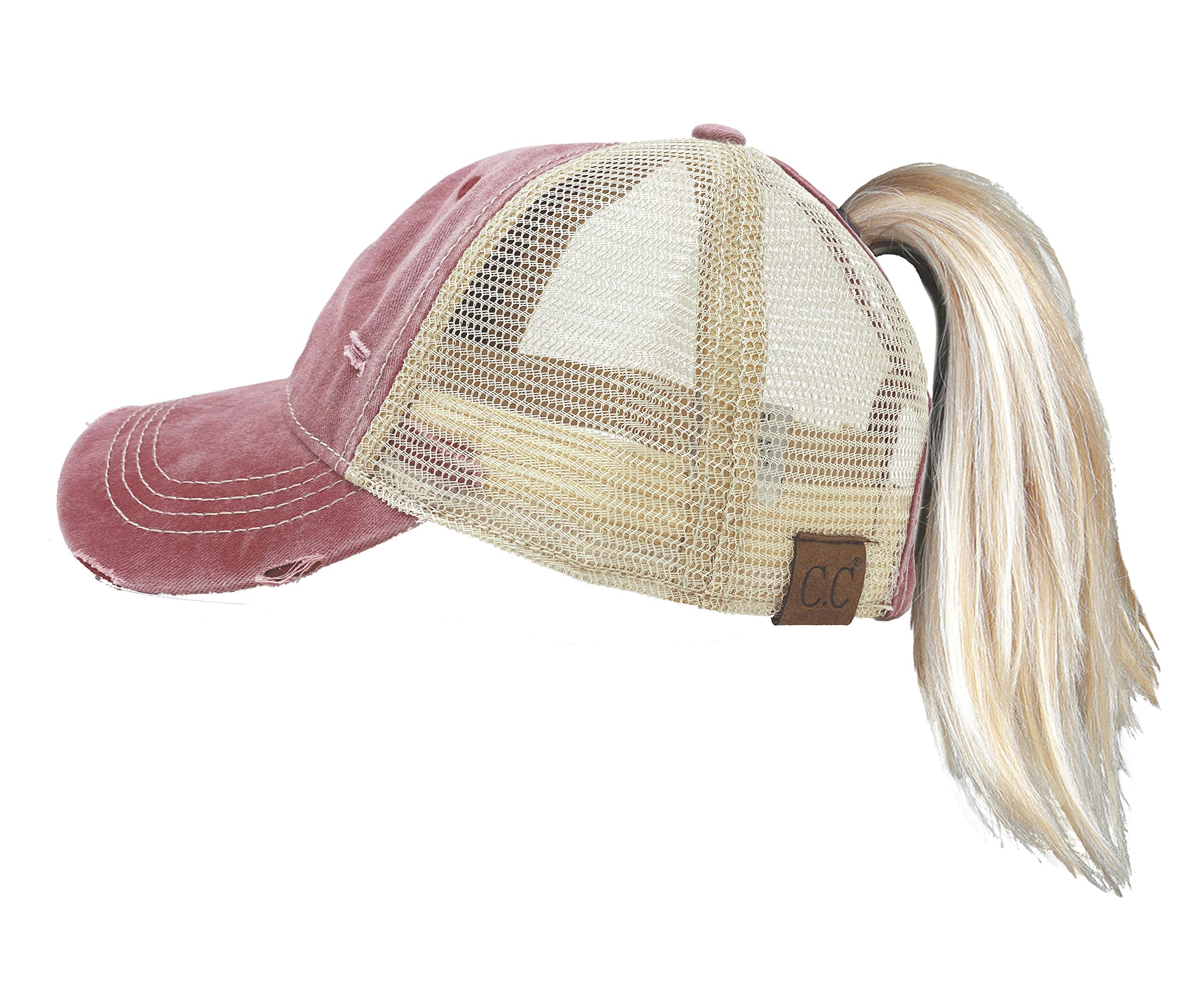 Ponytail Messy Bun Trucker Ponycap: Mesh - Burgundy w/Beige Mesh