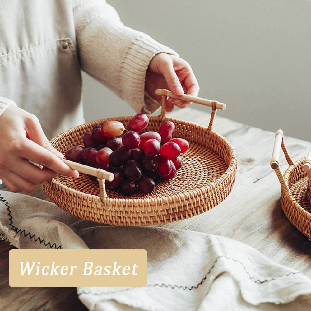 WOSHI 11.02in Rattan Storage Tray Round Basket Wicker Basket Storage Tray with Handle 3 Size Fruit Food Round Basket Display Hand-Woven Rattan Tray (L)