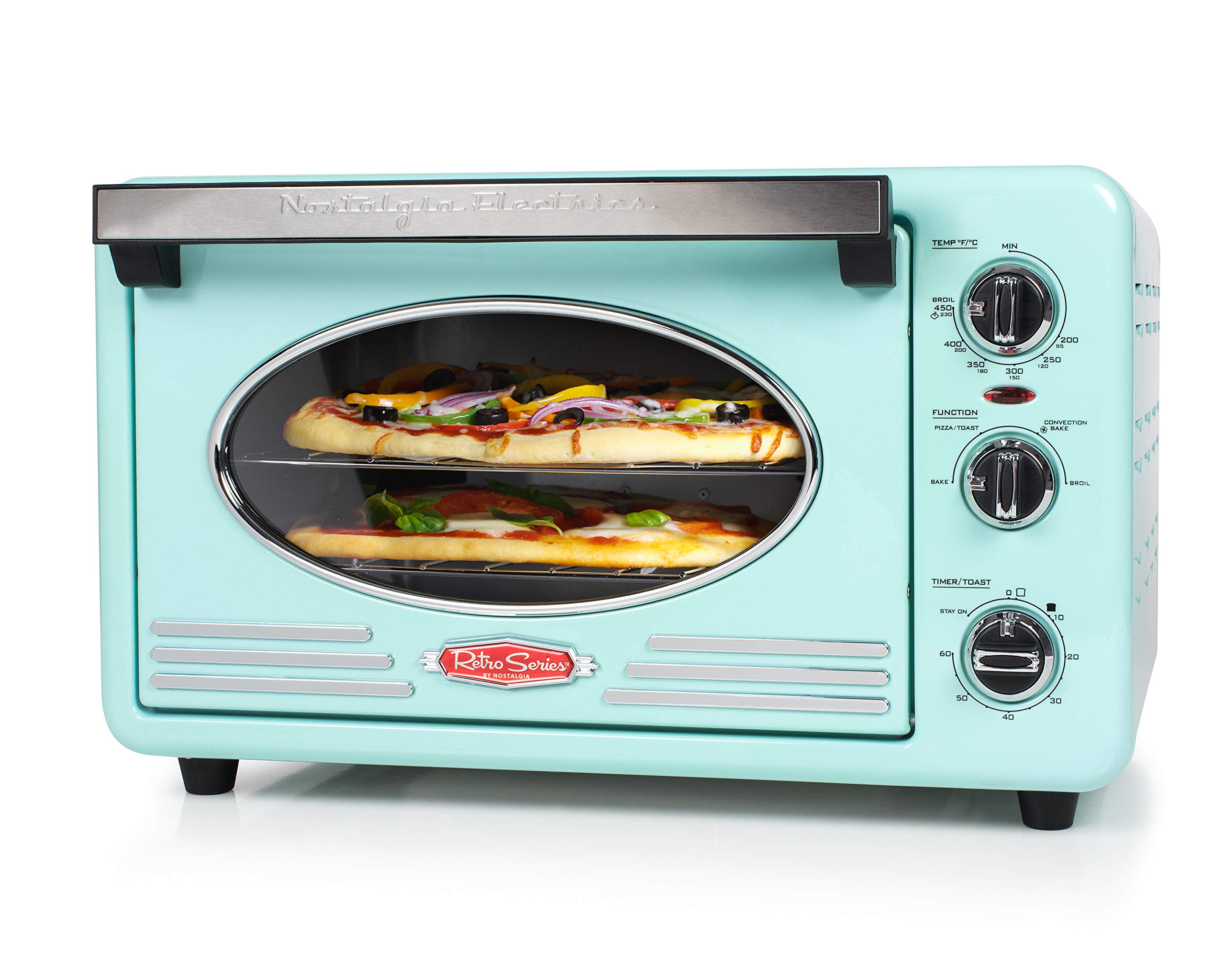 Nostalgia Retro Countertop Microwave Oven, 0.9 Cu. Ft. 800-Watts with LED Digital Display, Aqua & RTOV2AQ Large-Capacity 0.7-Cu. Ft. Capacity Multi-Functioning Retro Convection Toaster Oven