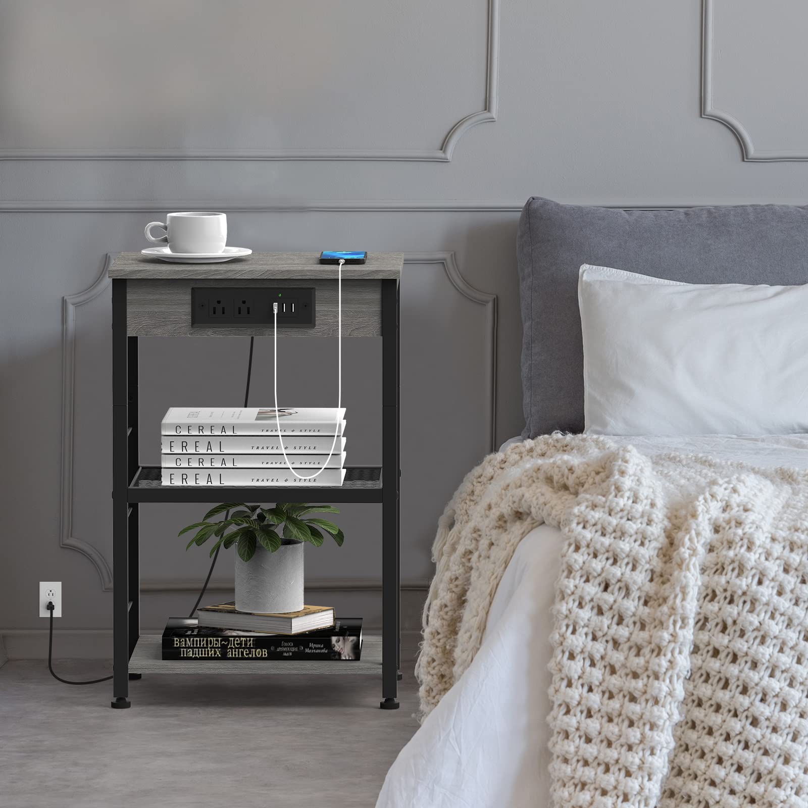 Nightstand with Charging Station, 3 Tier Side End Table with USB Ports and Outlets, Side Table Living Room with Storage shelf Modern Bedside Tables with USB for Bedroom Study, Dark Gray and Black