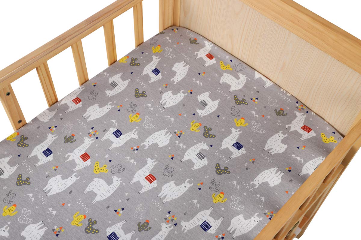 Pack n Play Playard Fitted Sheets 2 Pack Set 100% Jersey Knit Cotton Soft Breathable Portable Mini Crib Mattress Cover for Baby Boy Girl, Llamas and Deers Pattern, White and Grey