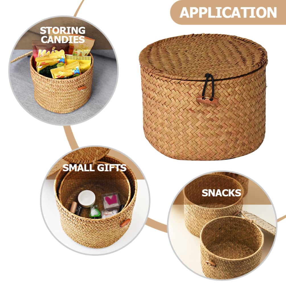 STOBAZA Wicker Storage Basket Round Storage Basket Desktop Sundries Organizer Lidded Basket Bin Gifts Basket Snacks Candy Container Toilet Paper Roll Box for Home Office Bedroom Centerpiece Tray
