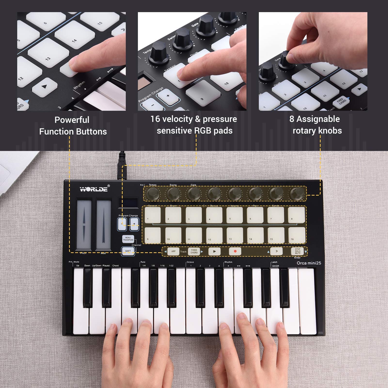 Taruor USB MIDI Keyboard Controller, Portable 25-Key USB MIDI Keyboard Controller with 16 RGB Backlit Trigger Pads 8 Assignable Control Knobs