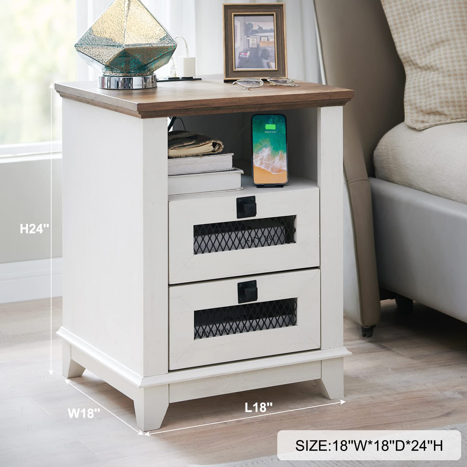 Nightstand with Charging Station,OKD 18'' Industrial & Farmhouse End Table with 2 Drawers & Open Cubby, Rustic Mesh Drawer Sofa Side Table w/Storage for Bedroom, Living Room, Office, Light Rustic Oak