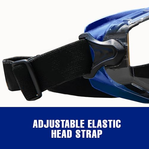 SolidWork Safety Goggles Anti-Fog Clear Lens with Adjustable Elastic Headband. Protective Eyewear for Men & Women (Dark Blue)