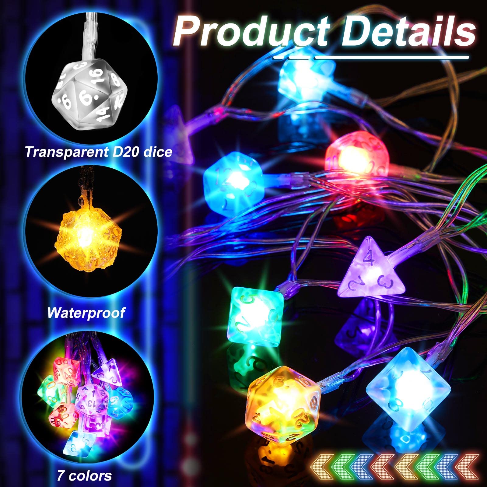 Wettarn 10 ft LED Dice String Lights Dice Lights LED Dice Light up Dice Indoor String Lights Bedroom Extendable for Indoor, Outdoor, New Year, Wedding Party, Christmas Tree, Garden Decoration
