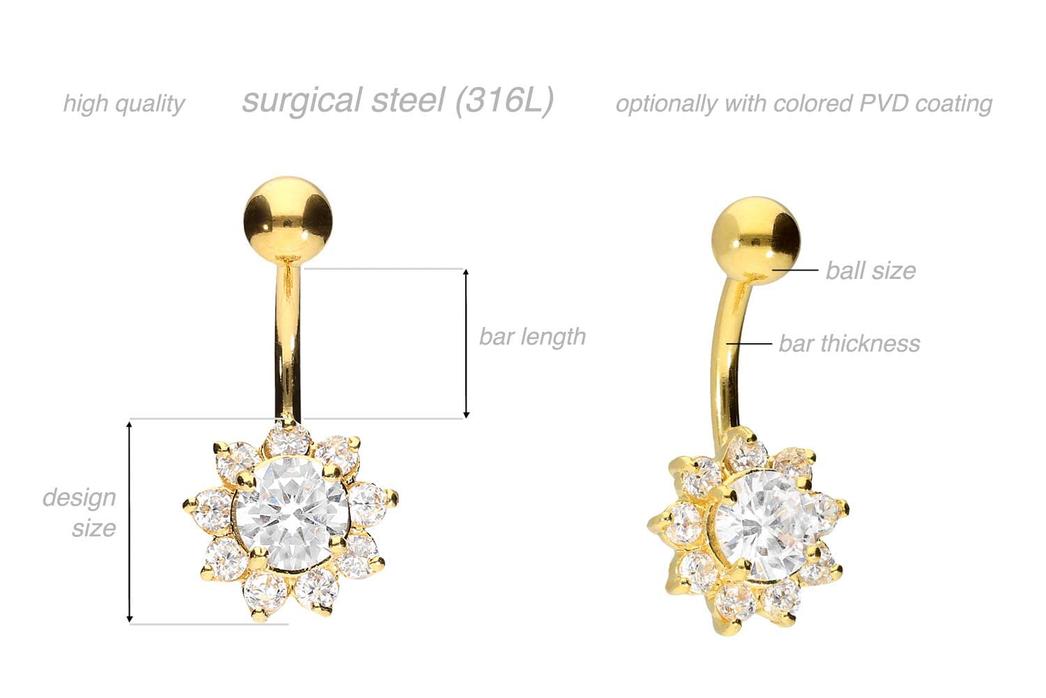 PIERCINGLINE 316L Surgical steel belly button ring with brass design FLOWER 14G Navel Ring Belly Piercing