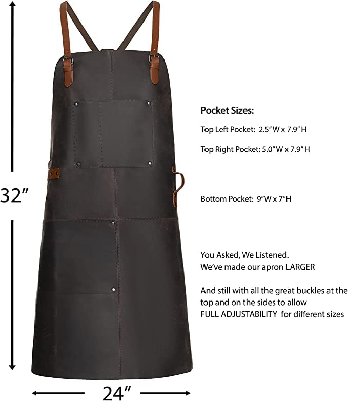 Theodore Top Grain Leather Apron - 32.5” H x 24.5” W with Adjustable Crossback Leather Straps. Our Leather Apron for Men has 2 Large Pockets and a Towel Strap. Grill Apron is Flame & Heat Resistant