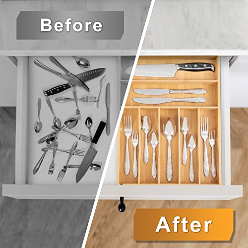 oridom Silverware Organizer for Drawer Sturdy Construction Utensil Organizer for Kitchen Drawers Large Capacity Bamboo Cutlery Organizer in Drawer with Non-Slip Feet Natural