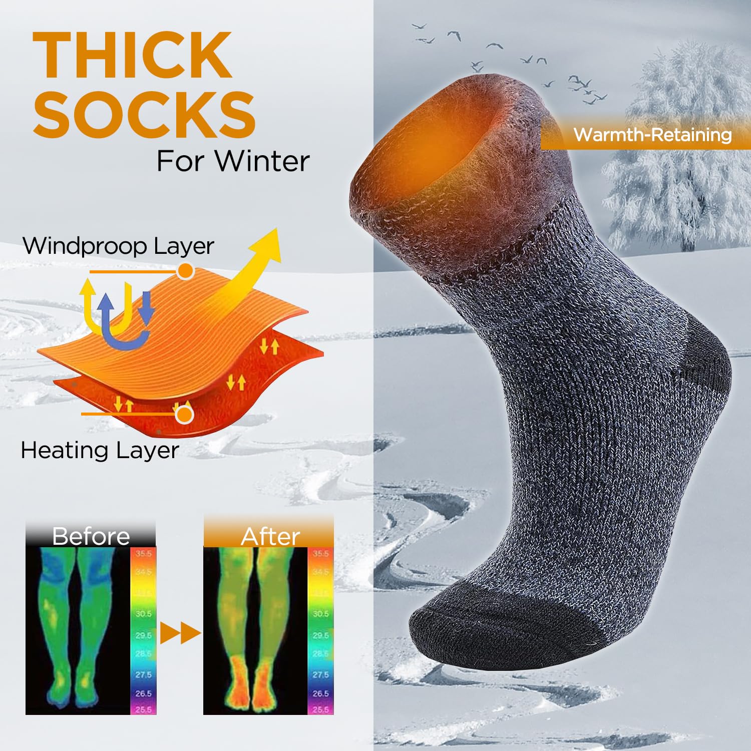TSSPLUS Mens Winter Thermal Warm Heavy Duty Cotton Crew Work Boots Socks 9-13 (6-PAIRS)