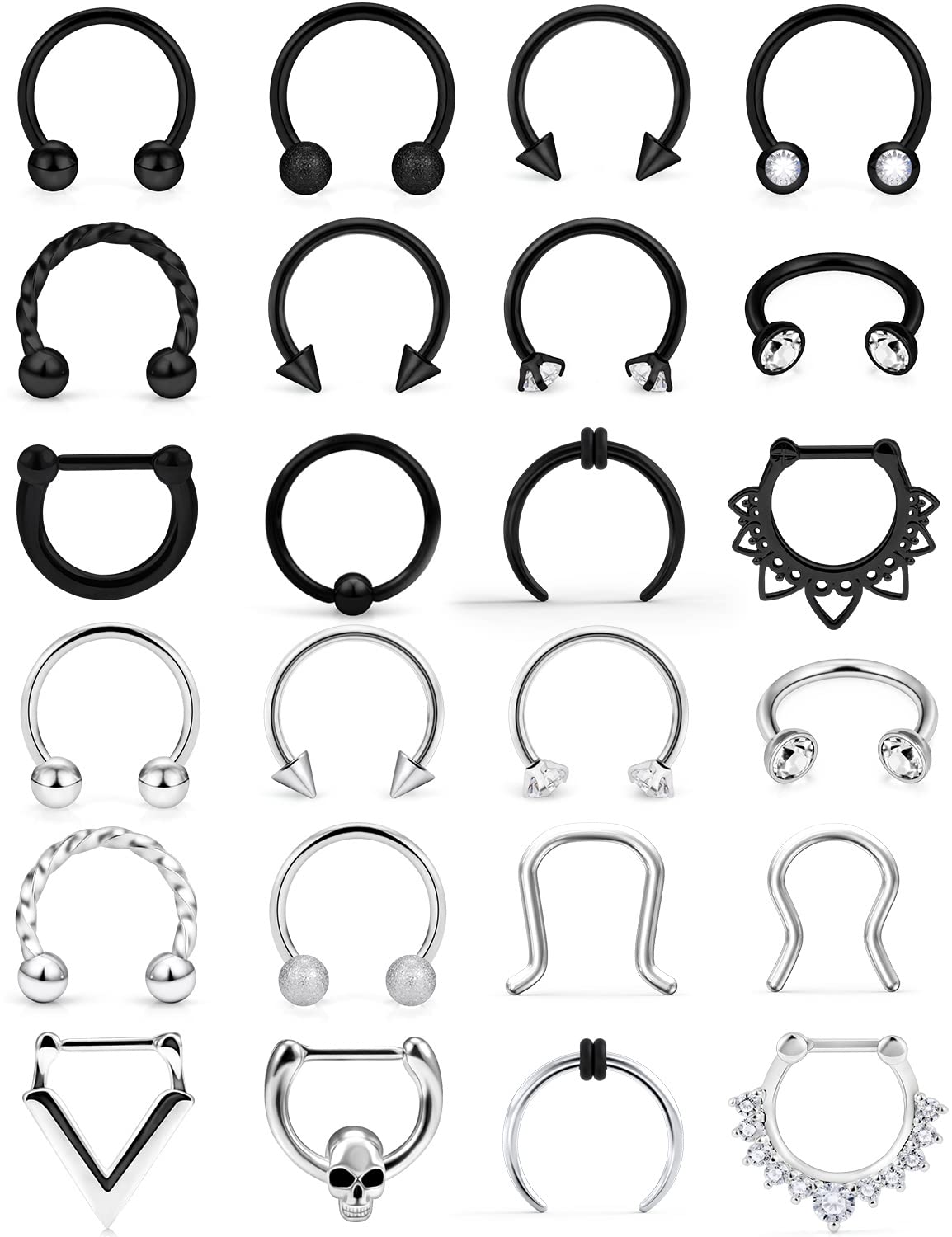 Yaalozei 16G Septum Rings piercing Jewelry for women Stainlessl Surgical Steel Silver Black Septum Ring Skull Hypoallergenic Hinged Septum Nose Ring Earring Hoop Clicker Piercing Jewelry Set Men 10mm
