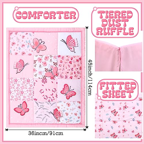 Tudomro 3 Pieces Butterfly Nursery Crib Bedding Set for Girls, Standard Size Bedding Sets with Comforter Fitted Sheet Crib Skirt(Pink)