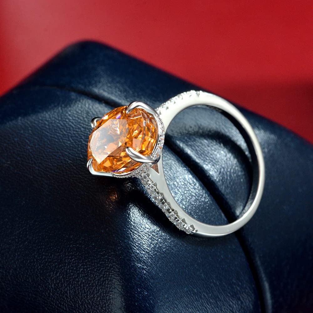 Women's S925 Silver Ring 9ct High Carbon Diamond Ring Orange Fashion Luxury Engagement Wedding Ring (5#-9#) (orange8)