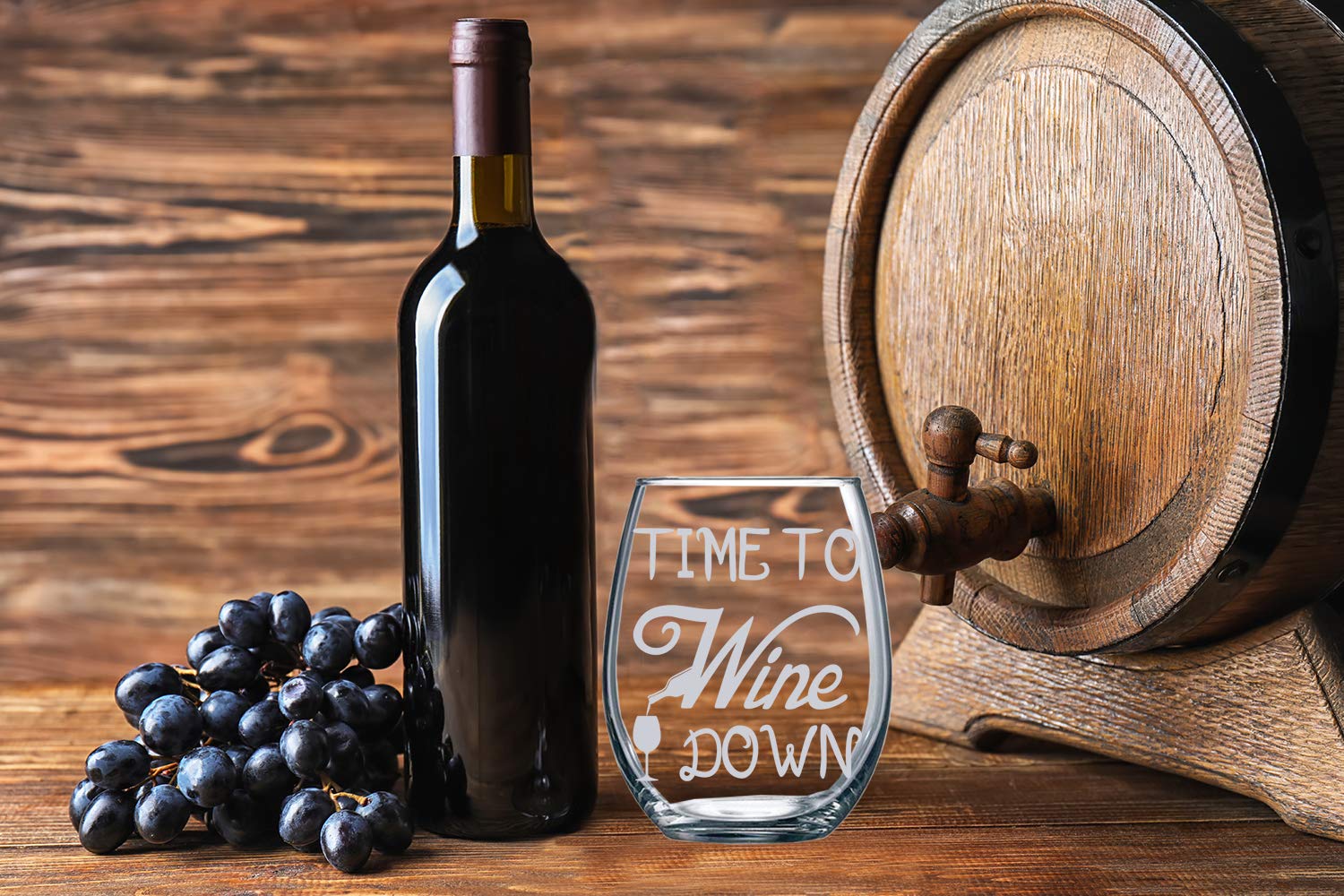 Time to Wine Down Funny 15oz Stemless Crystal Wine Glass - Fun Wine Glasses with Sayings Gifts for Women